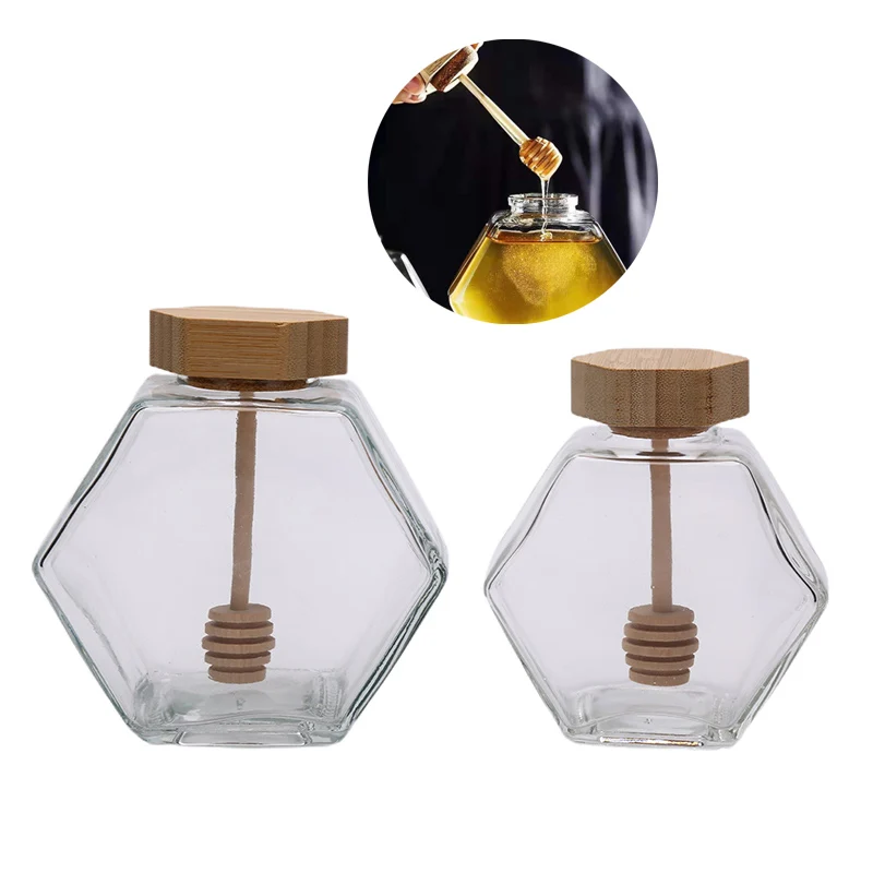 Mini-Jarra-De-Mel-De-Vidro-Hexagonal-Panela-De-Recipiente-Colher-De ...