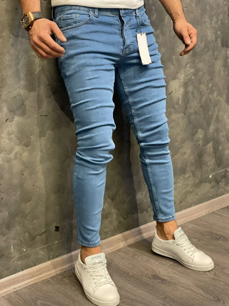 Men-s-jeans-Classic-No-Ripped-jean-Man-Biker-Skinny-Denim-Pants-Blue ...