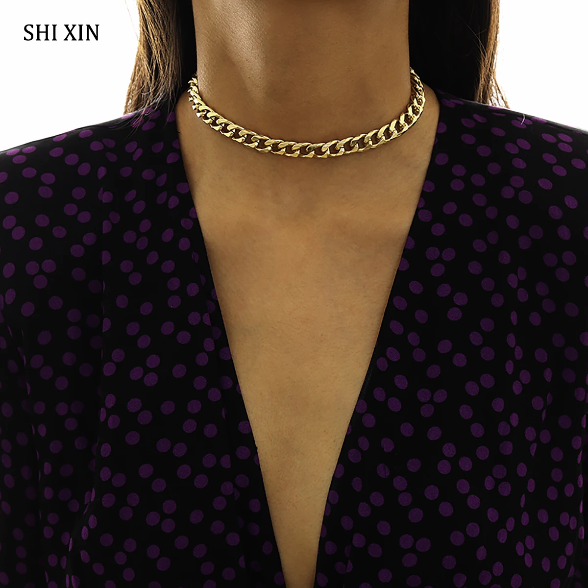 SHIXIN Fashion Link Chain Choker Necklaces For Women Gold Simple Short ...