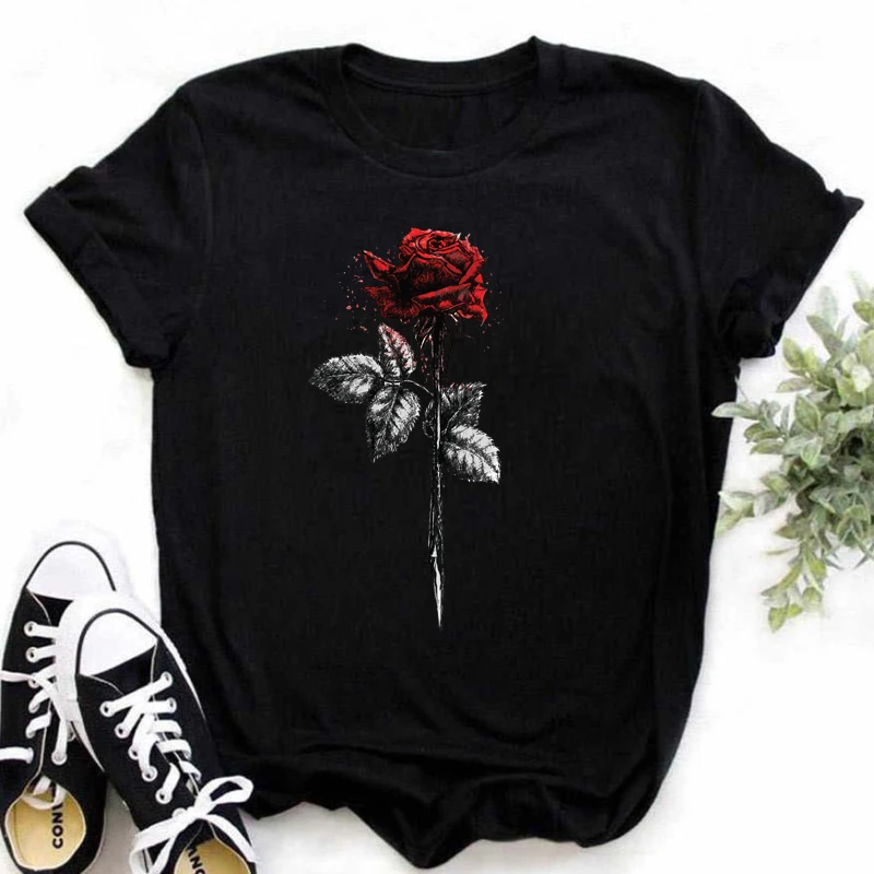 New Red Rose Print Women T Shirt Black T Shirt Harajuku Korean Style ...