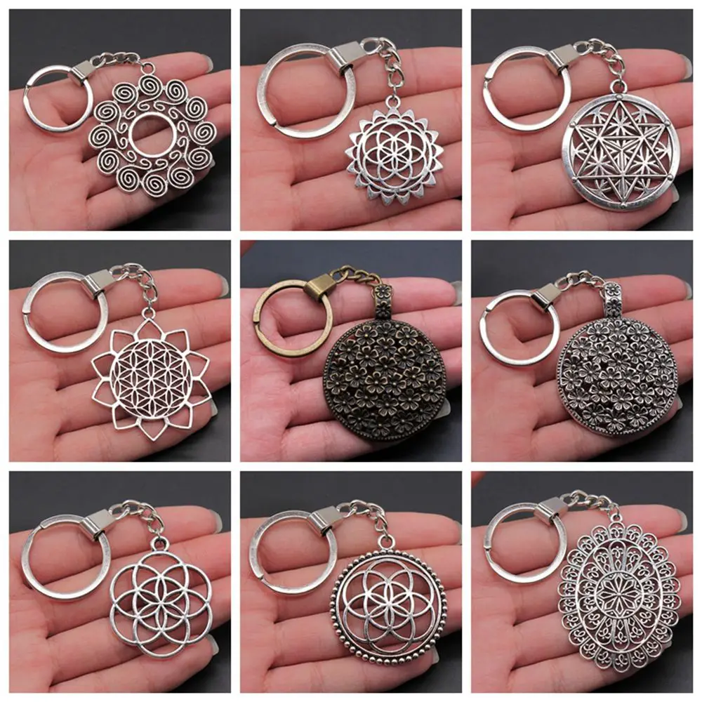 1 Piece Keychain Round Flower Of Life key chain women keyring keychains ...