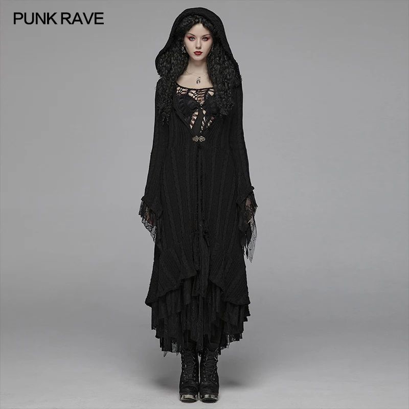 Punk Rave Women's Gothic Retro Black Long Hooded Sweater Halloween ...