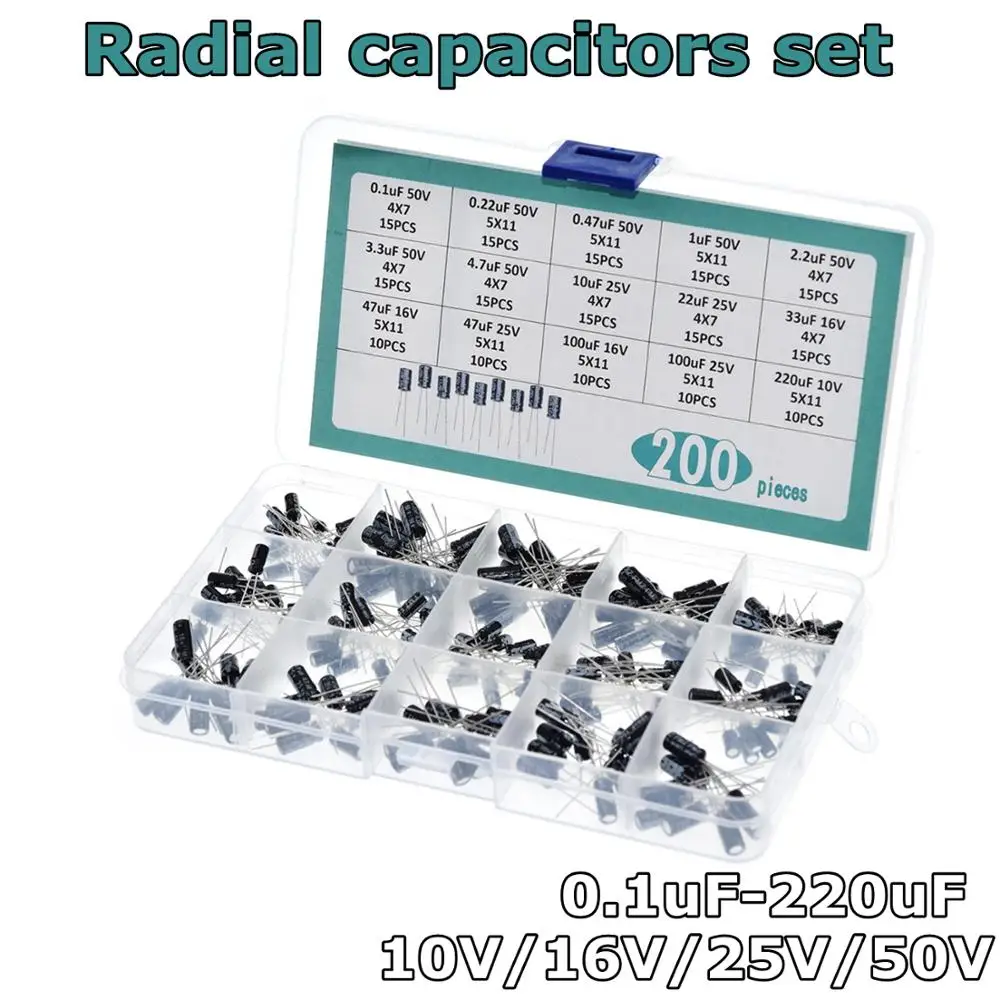 200pcs/lot Radial capacitors set 15Values 0.1uF 220uF Electrolytic ...