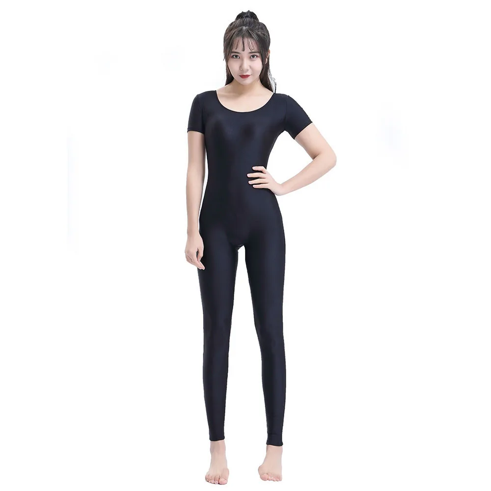 One Piece Black Women Unitard Lycra Ballet Short Sleeve Full Body Tight ...