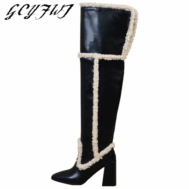 Botas de lana con punta cuadrada para mujer, botines largos de cuero ...