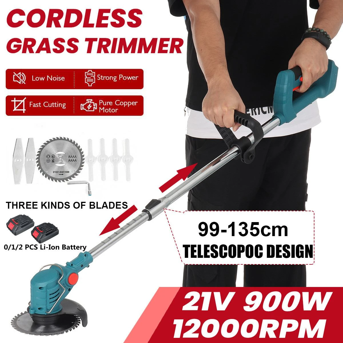 Electric Grass Trimmer 21v 900w Cordless Lawn Mower Length Adjustable ...