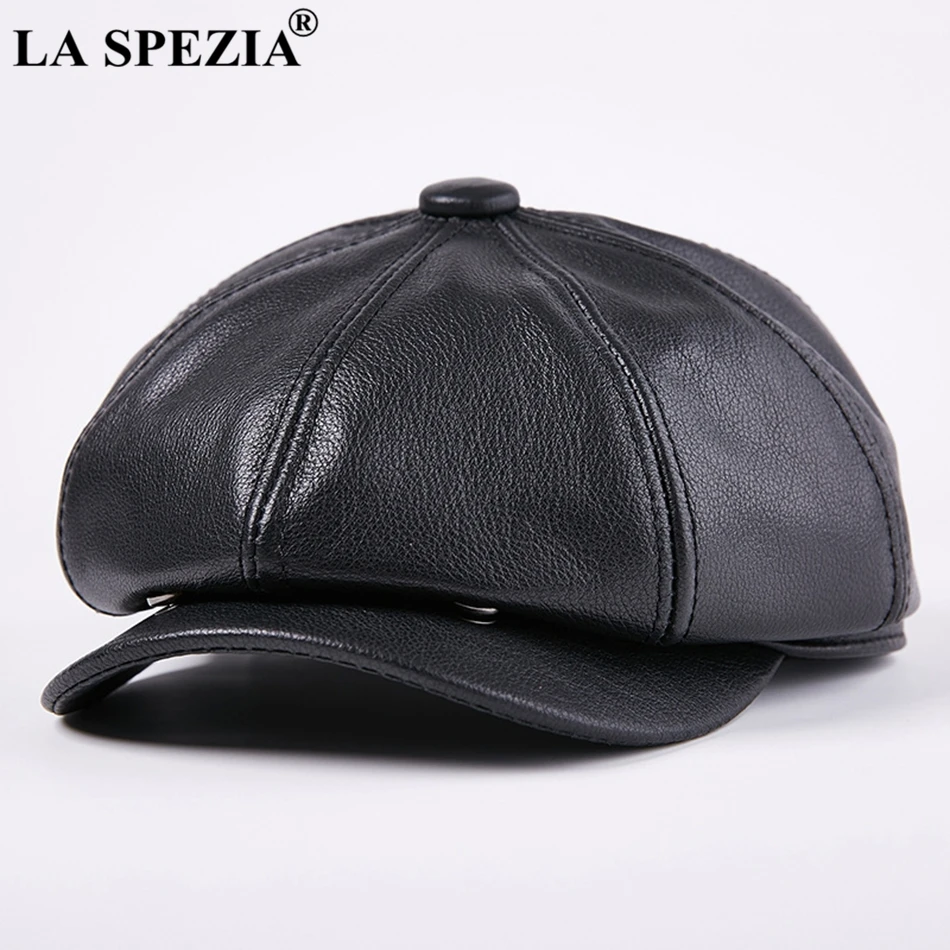 LA SPEZIA Octagonal Cap Real Leather Men Black Vintage Newsboy Caps ...