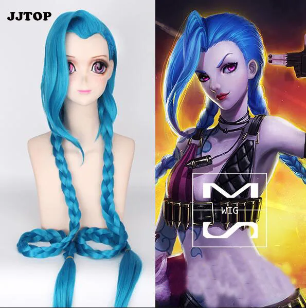 110cm LOL Jinx Cosplay Wig Blue Ponytail Braids League of Legends Long Synthetic Hair Wigs For ...