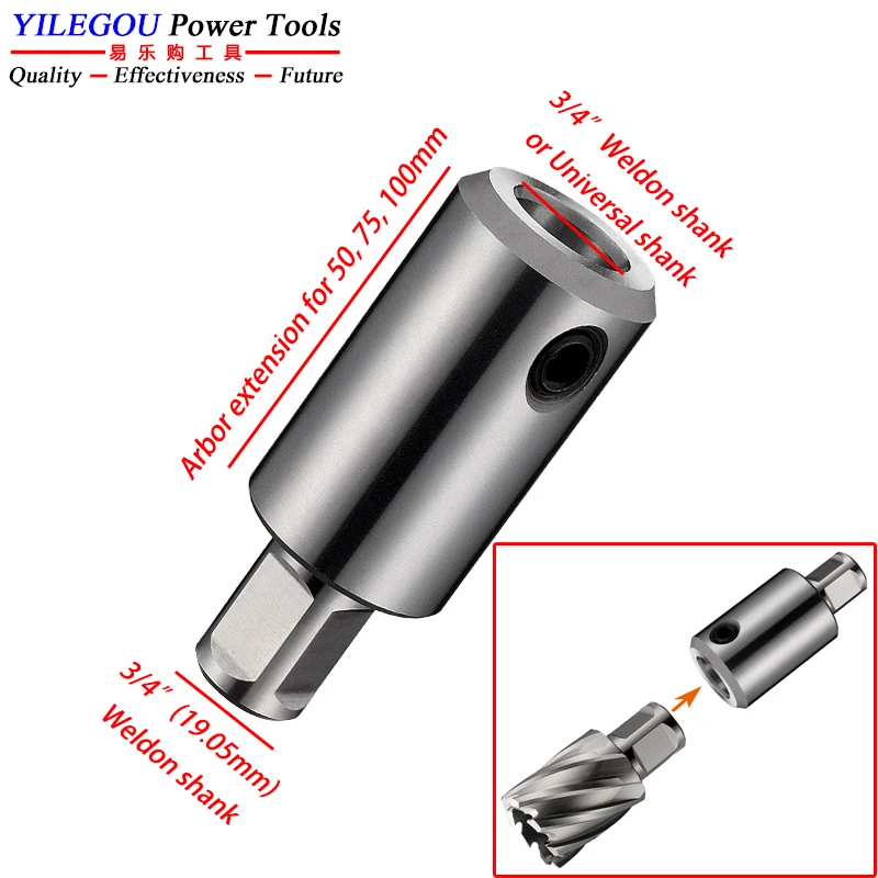 50mm, 75mm, 100mm Annular Cutter Arbor Extension Adapter (3/4" Weldon ...
