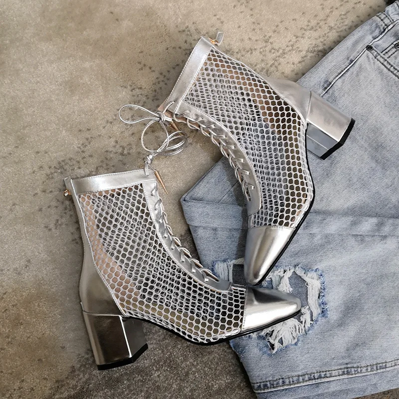Silver Chunky Heel Hollow Ankle Bootie Lace Up New Arrivals Breathable ...
