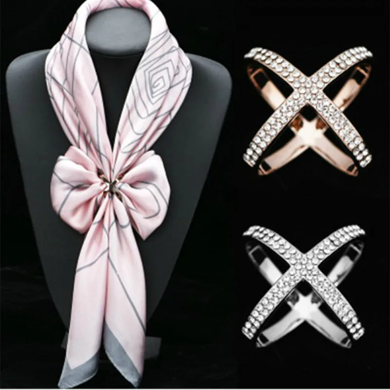 Cross Brooches X Shape Scarf Buckle Crystal Brooches For Women Hollow ...