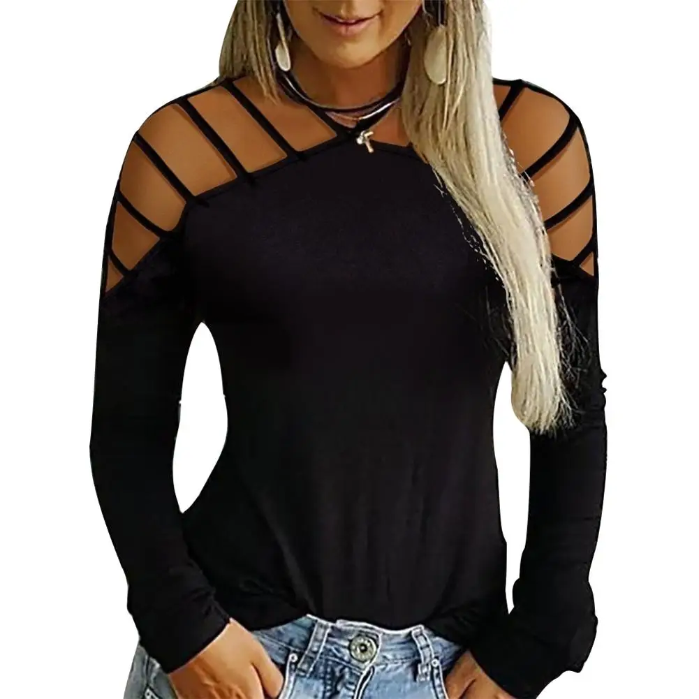 Sexy-Women-Solid-Color-Hollow-Out-Off-Shoulder-Long-Sleeve-T-Shirt ...