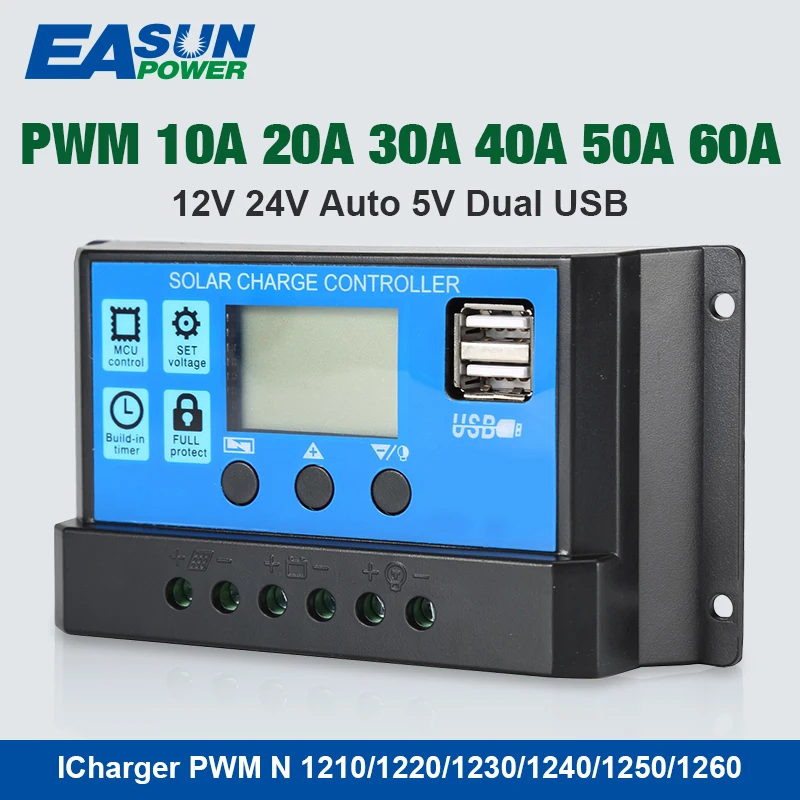 EASUN POWER – Regulador de energía solar con pantalla LCD y doble USB, Controlador solar 12V/24V ...