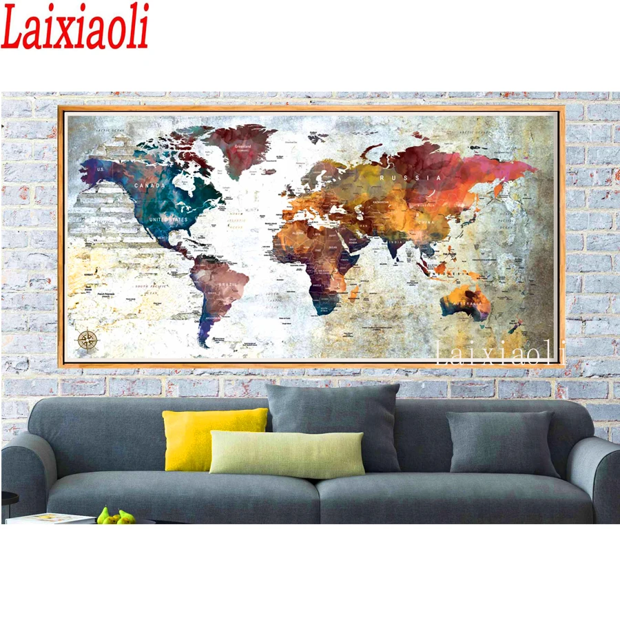 Large Abstract World Travel Map Diy Diamond Embroidery Full Square ...