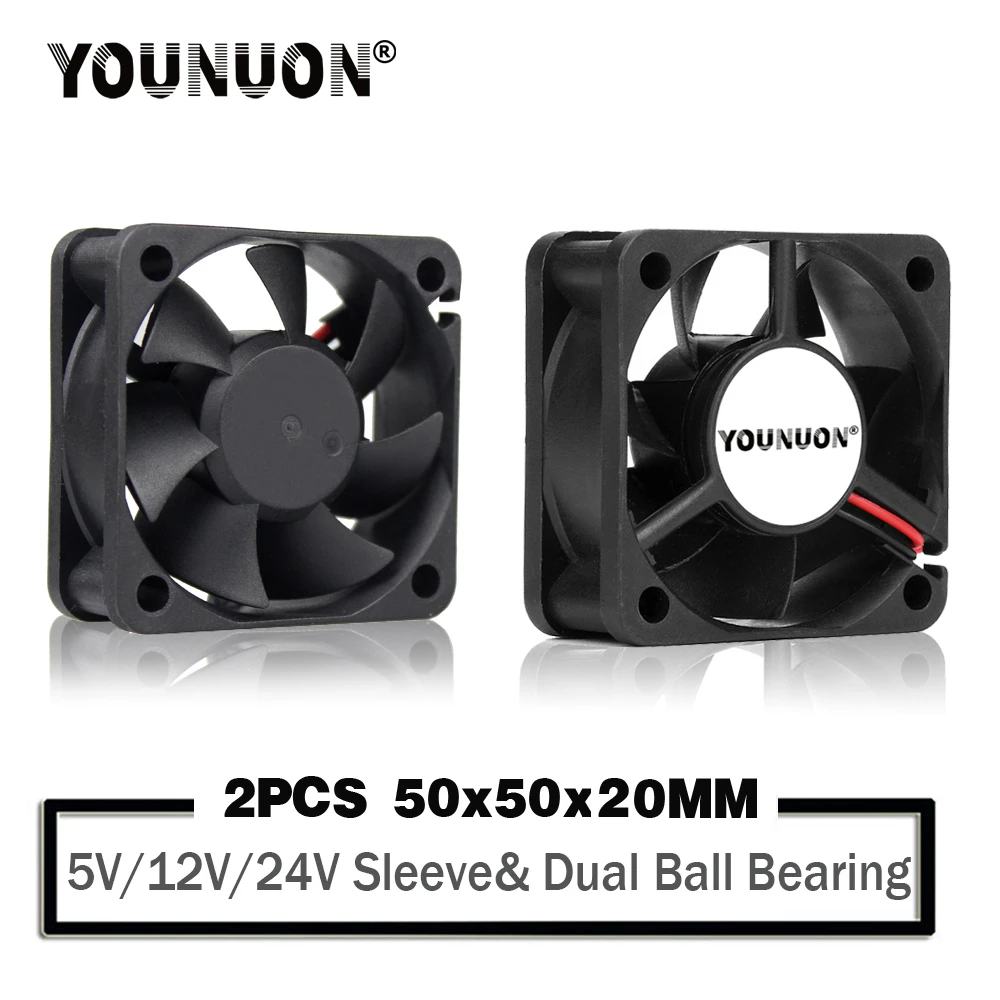 Younuon 2pcs 5020 50mm Dc 24v 12v 5v 2pin Dual Ball/sleeve Bearing Brushless Cooling Fan ...