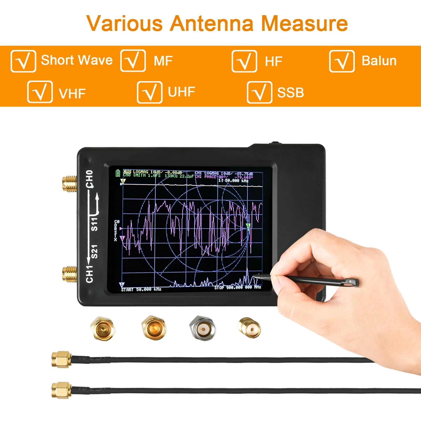 NanoVNA H 50KHz~1.5GHz VNA Touch Screen Vector Network Analyzer 2.8inch LCD HF VHF UHF UV ...