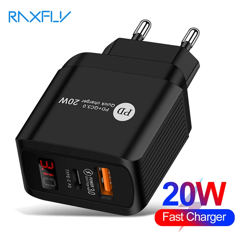 Raxfly pd 20w tipo c usb carregador de carga rápida 3.0 carregamento rápido display led ...