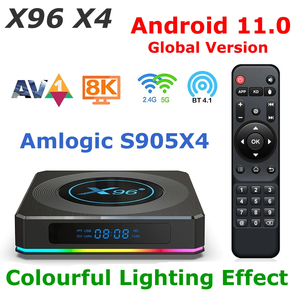 X96 x4 android 11 caixa de tv amlogic s905x4 rgb luz 4g 64g 4k youtube 5g duplo wifi usb3.0 av1 ...