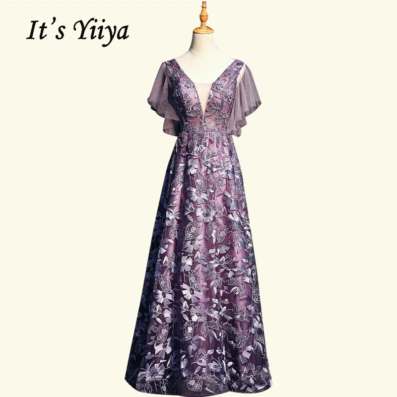 Yiiya – Robe De soirée violette en dentelle brodée, col en v, perles ...
