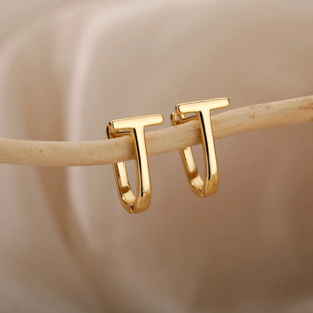 T Shaped Round Hoop Earrings for Women Fashion Cute Gold Color Punk ...