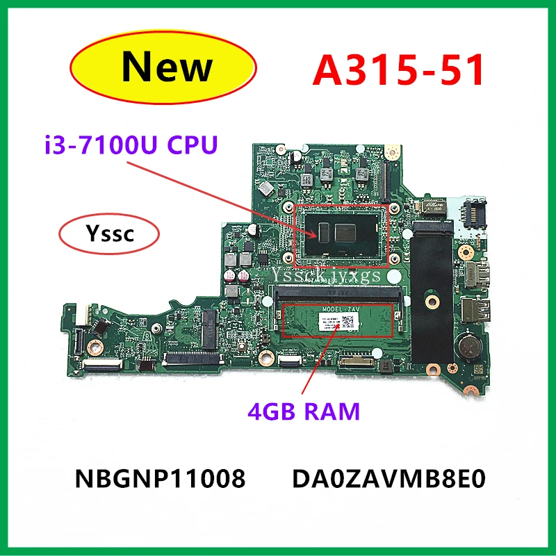 DA0ZAVMB8E0 / DA0ZAVMB8G0 Motherboard For Acer Aspire A315 A315-51 Laptop motherboard i3-7100U ...
