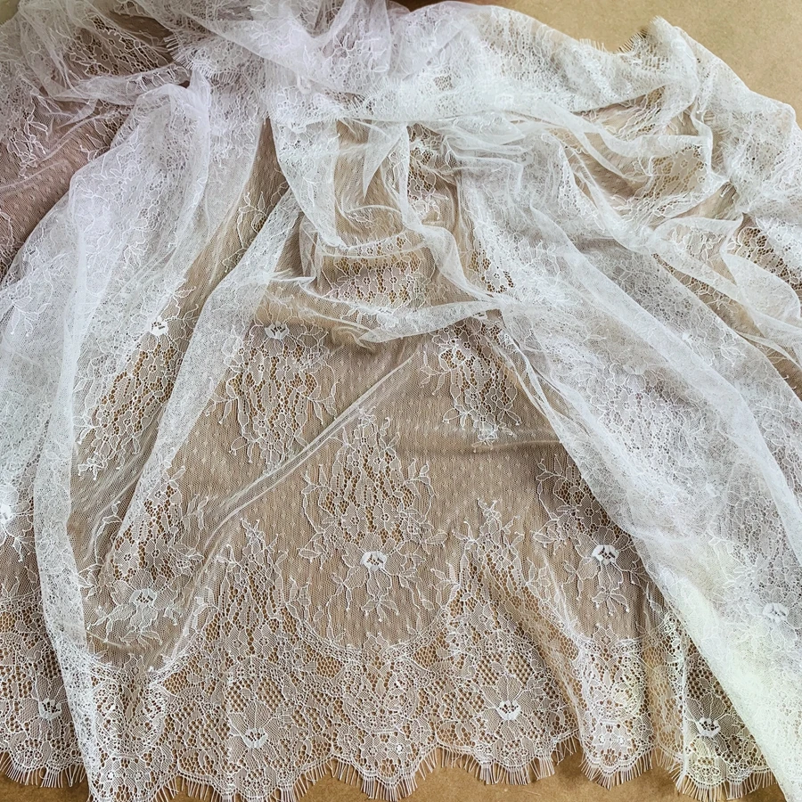 110x300CM Per Piece Subtle Eyelash Lace Fabric Ivory Shade Dots Design ...