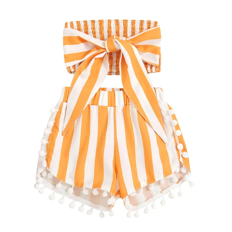 Girls Casual Two piece Clothes Set, Orange Stripe Printed Pattern ...
