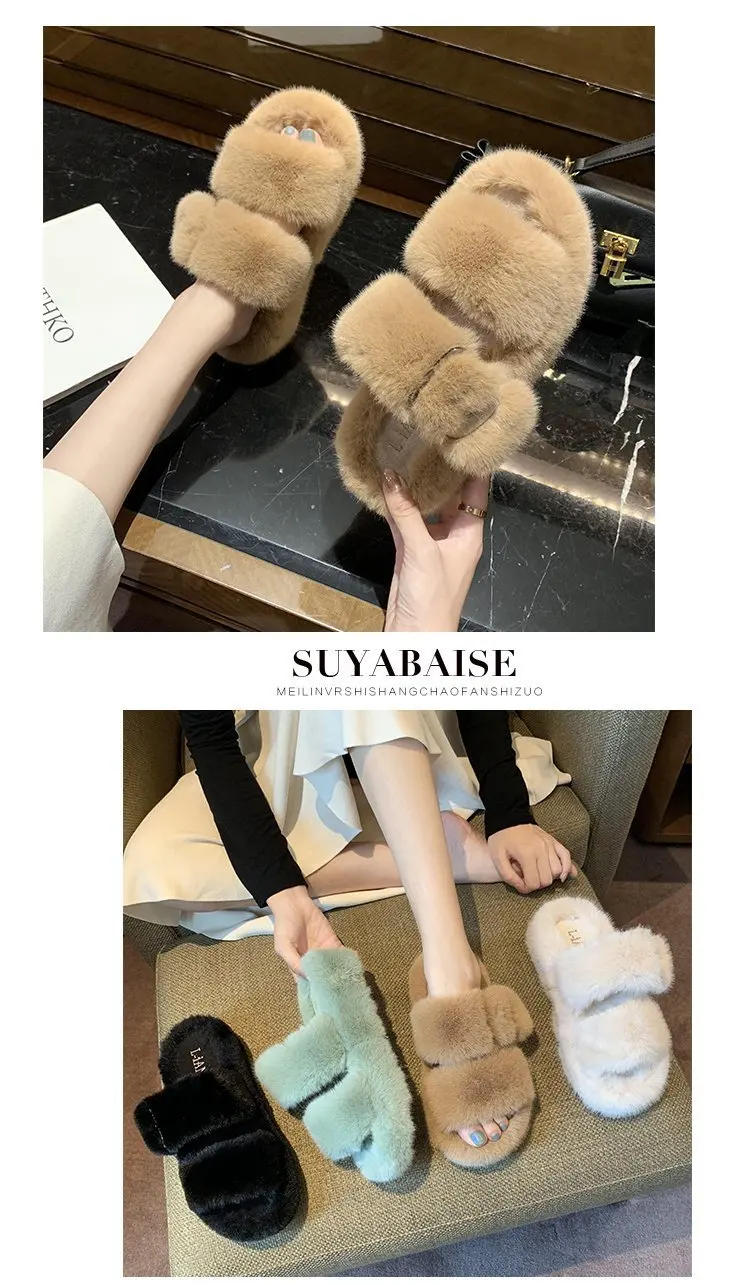 Chaussons,Pantoufles d'hiver en fourrure à semelle compensée pour ...