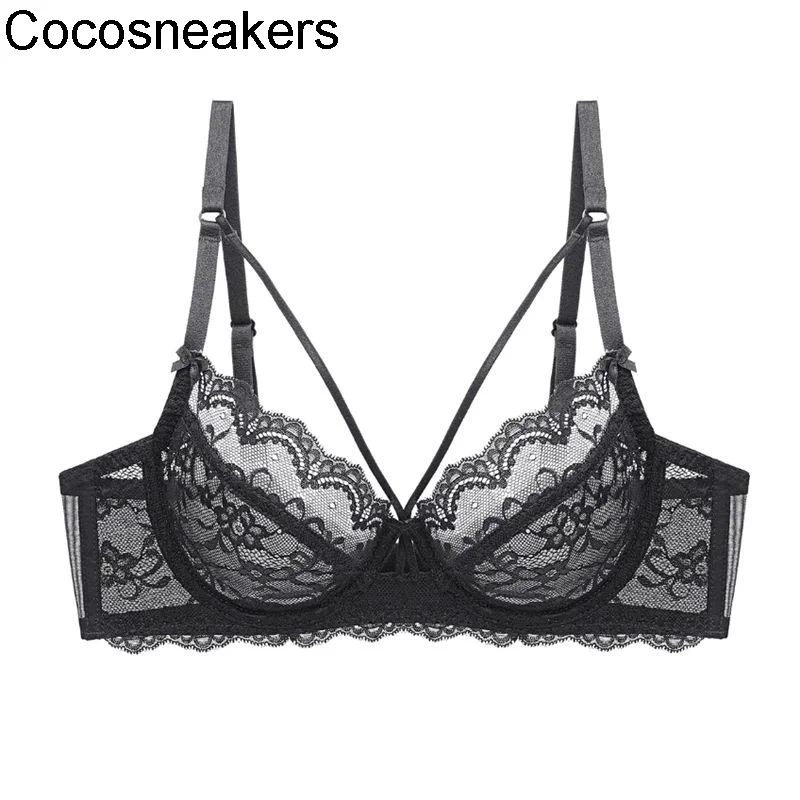 Sujetador de encaje transparente ultrafino, lencería de verano, pecho grande, copa de sujetador ...