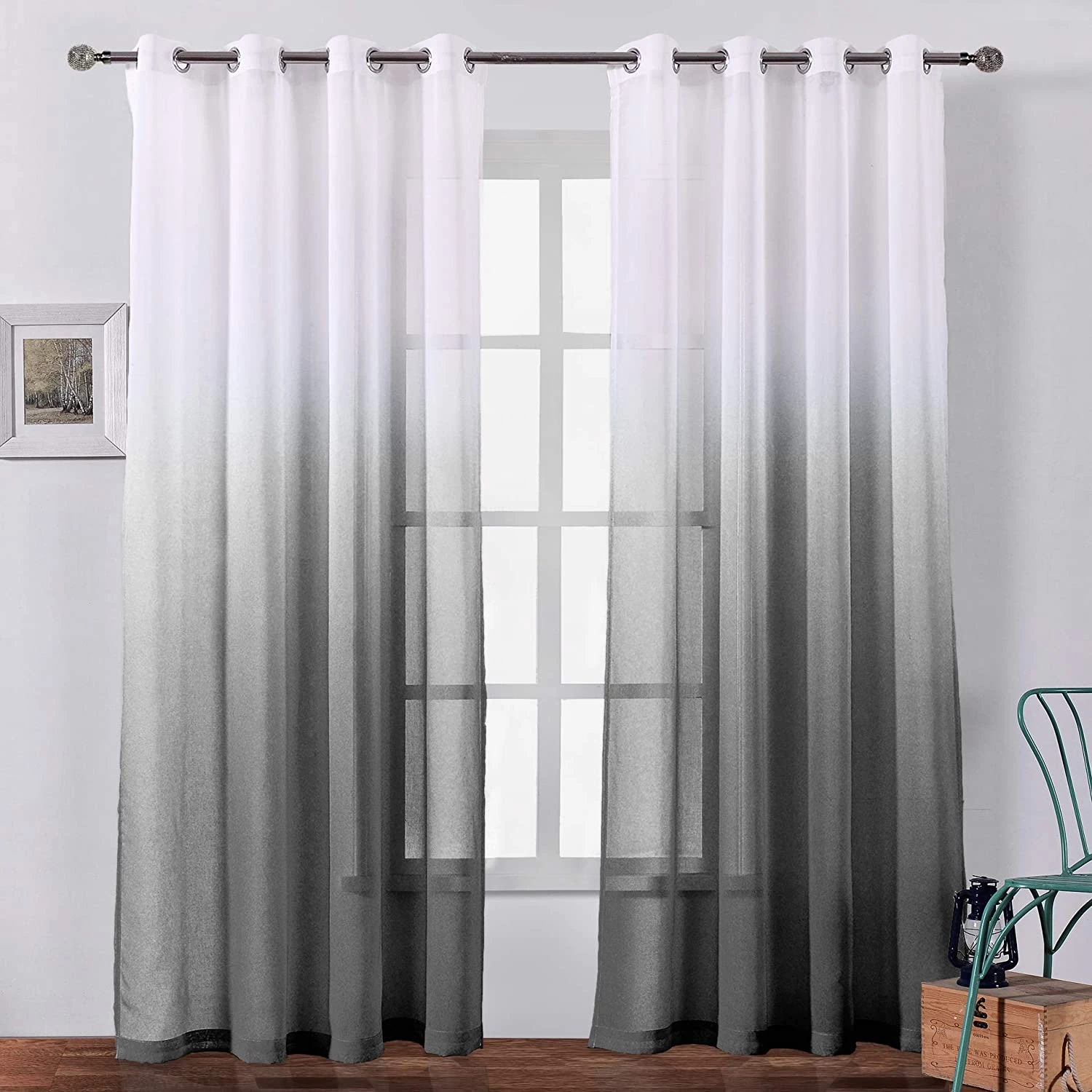 Faux Linen Sheer Gradient Curtains Voile Grommet Semi Sheer Curtains ...