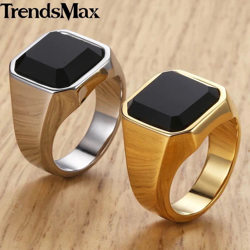 Men's Ring Rock Punk Smooth 316L Stainless Steel Black CZ Gold Color ...
