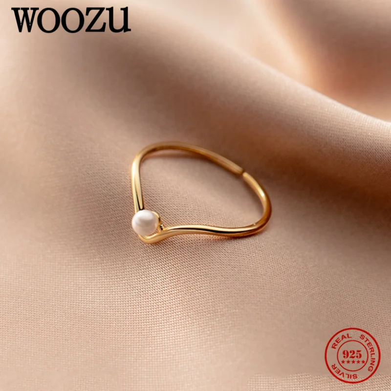 WOOZU 925 Sterling Silver Simple V-Shape Round Pearl Adjustable Finger Rings For Women Korean ...