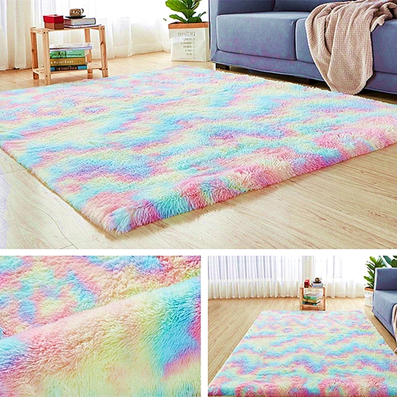 Rainbow Carpet Gradient Tie-dye Plush Rug Living Room Coffee Table Pad ...