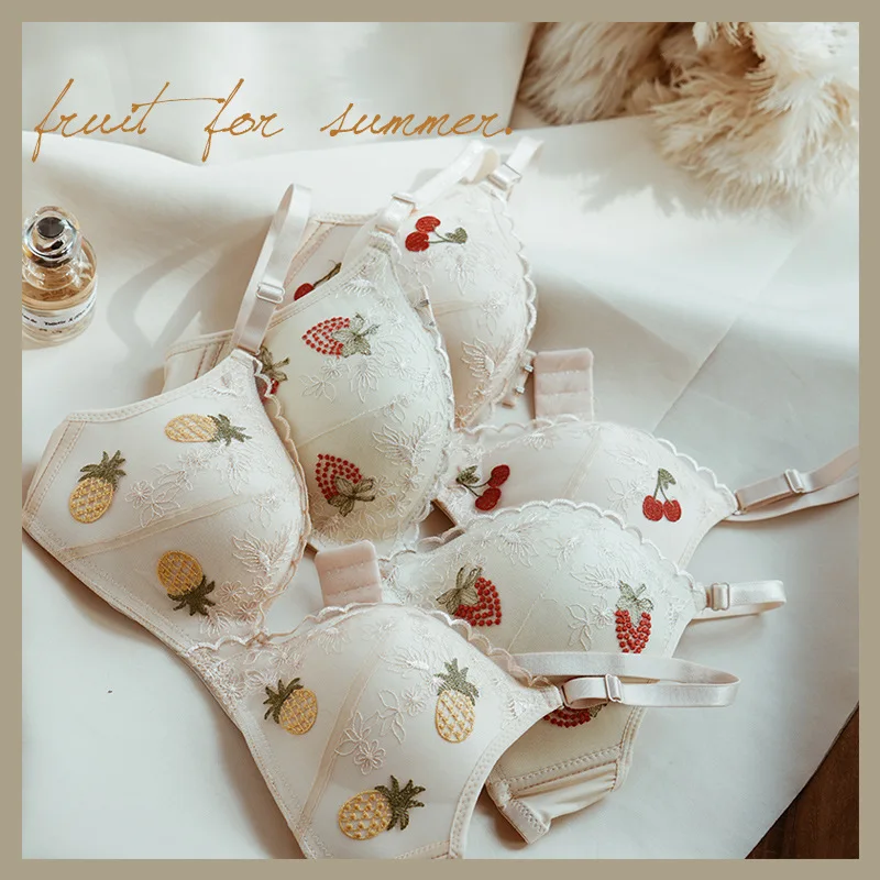 Sexy Cute Bra Embroidery Fruit Seamless Bras For Women Hollow Lace Soft ...