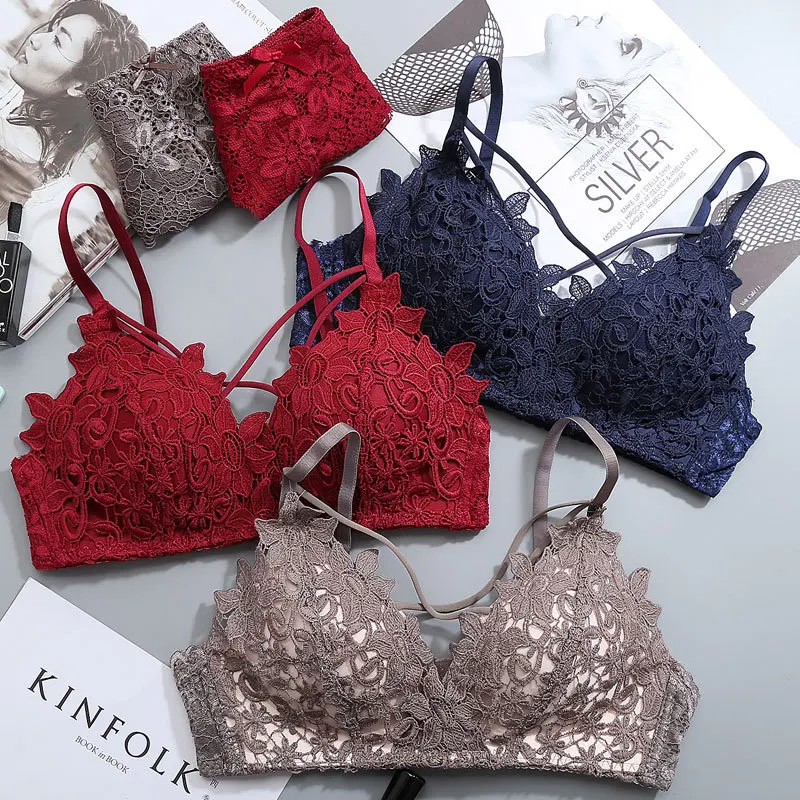 Women Embroidered Lace Bra Gathered Sexy Thin Seamless No Rims Anti ...