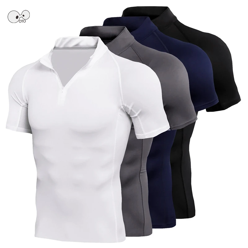 Stand Collar Quick Dry Compression Running Shirt Men Half Zip Stretch ...