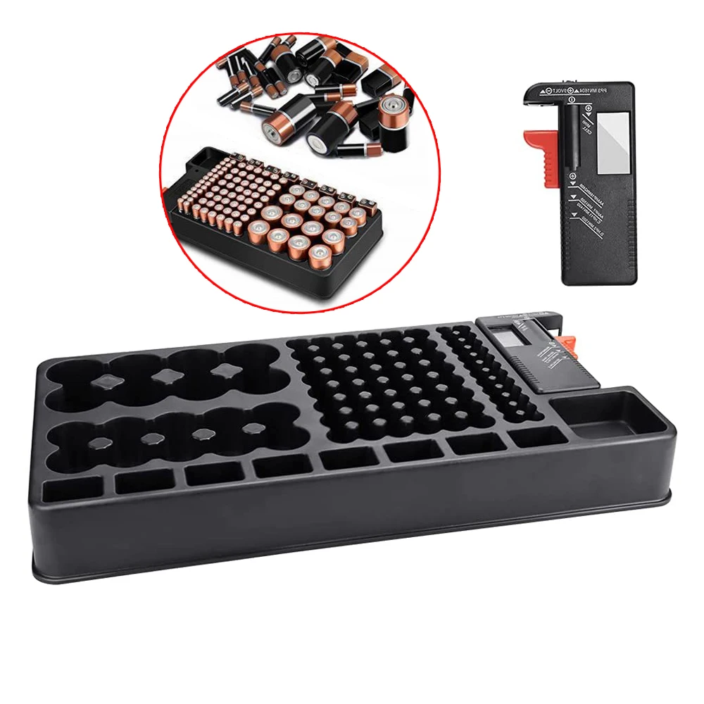 98 그리드 배터리 보관함 홀더 테스터 배터리 캐디 랙 케이스 박스, AA AAA D C 9V 용 배터리 검사기 포함|배터리 ...