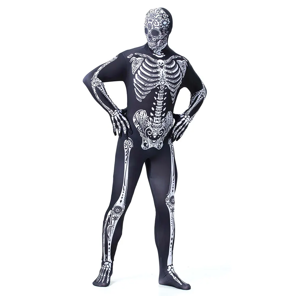 Day of the Dead Scary Zombie Skeleton Zentai Cosplay Costume For Adult ...