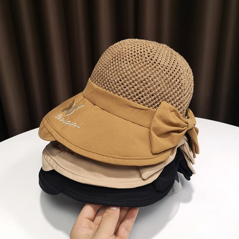 6 Colors Summer Knitted Cotton Sun Hats Women Fashion Bowknot Casual ...