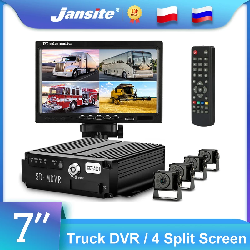 Jansite 자동차 DVR 대시 캠 등록 AHD 트럭 RV 버스 CCTV 4 채널 분할 화면 모니터, 12 24V 루프 녹화 ...
