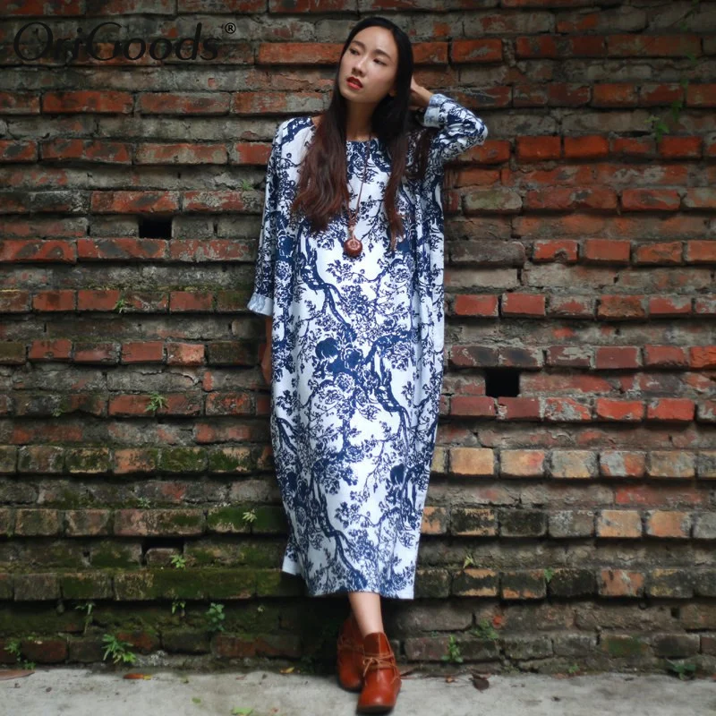 OriGoods Vestido largo de lino y algodón para mujer, prenda informal holgada de manga larga con ...