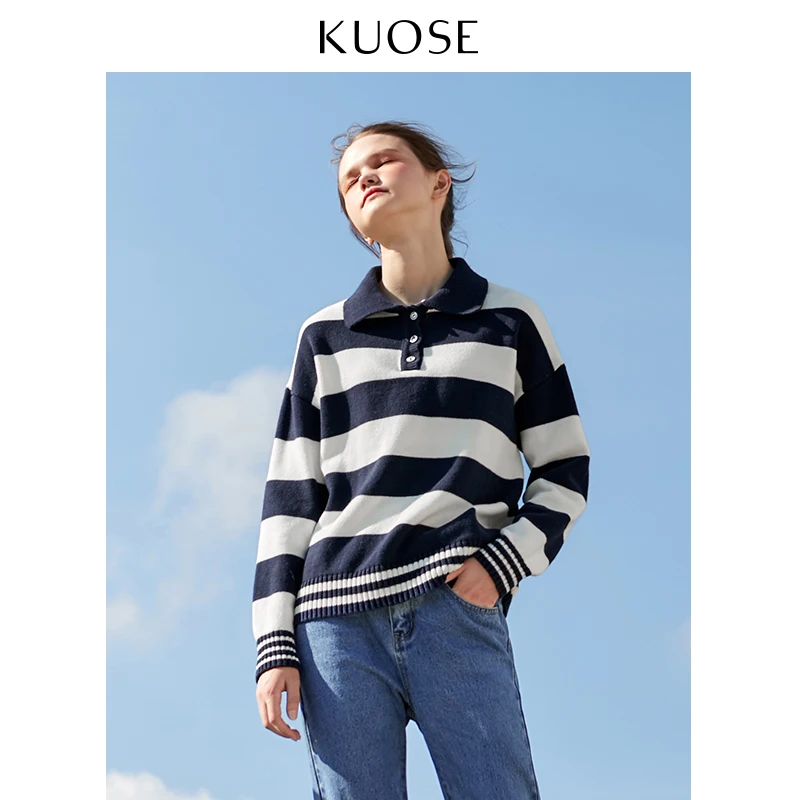 KUOSE ผู้หญิงลายเสื้อแขนยาวเสื้อโปโลเกาหลีสไตล์ Slim Chic Pullover ถัก ...