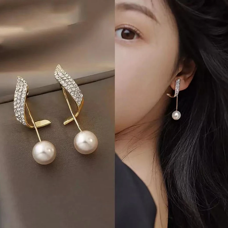 2021 신상 클래식 우아한 시뮬레이션 진주 태슬 롱 크리스탈 귀걸이 여성용 패션 워터 드롭 크리스탈 쥬얼리드롭 이어링