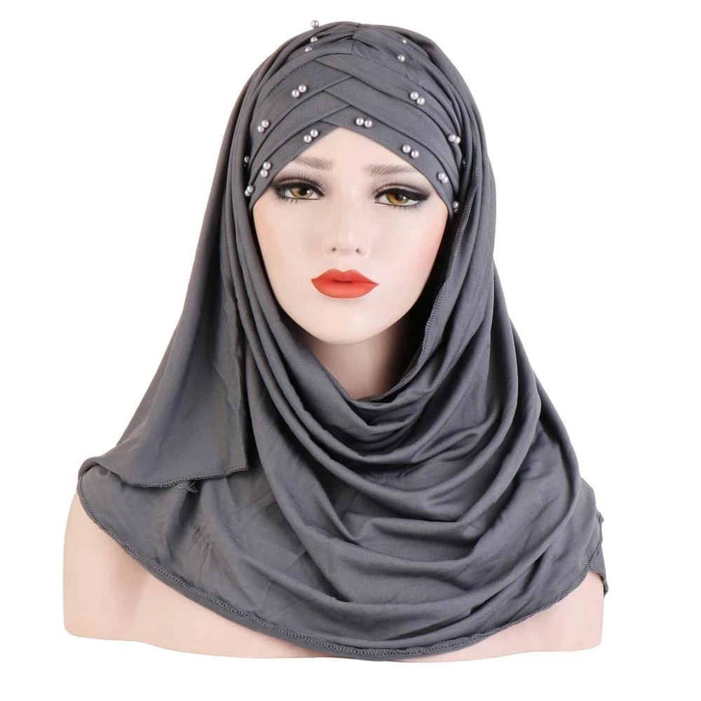 2019 muslim cotton scarf plain hijabs with bead shawls and wraps femme ...