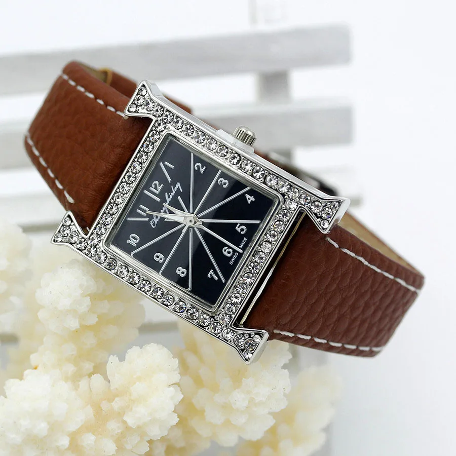Mmysterious-Black-Female-Square-Shaped-WristWatch-Leather-Rhinestone ...