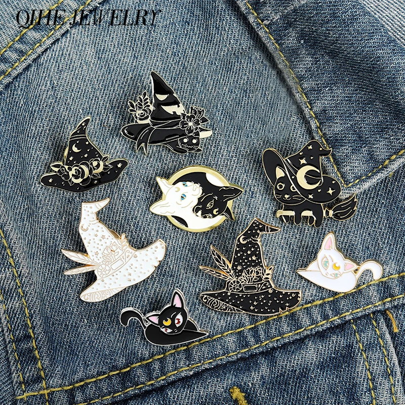 Witch Enamel pins Collection Witch Hat and Cat Pins up Crescent Moon ...