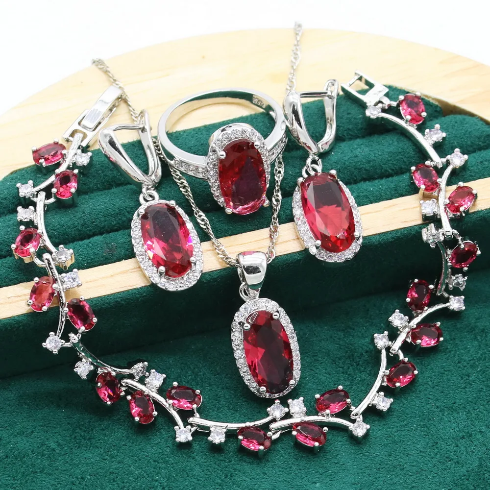 Red Ruby 925 Silver Jewelry Sets For Women Wedding Party Bracelet ...