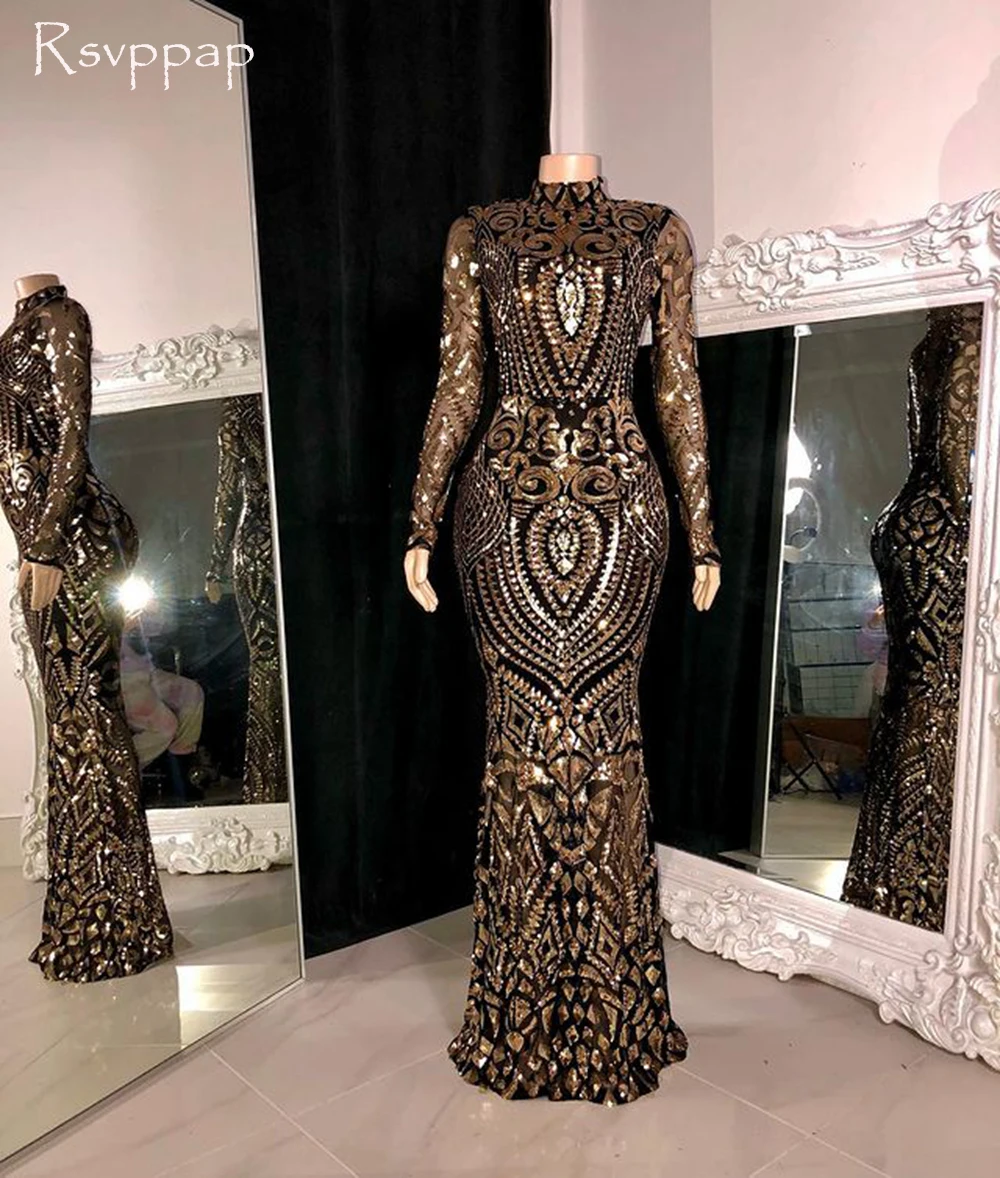 Long Sparkly Prom Dresses 2022 Sheer Long Sleeve African Black Girls Gold Sequined Real Custom ...