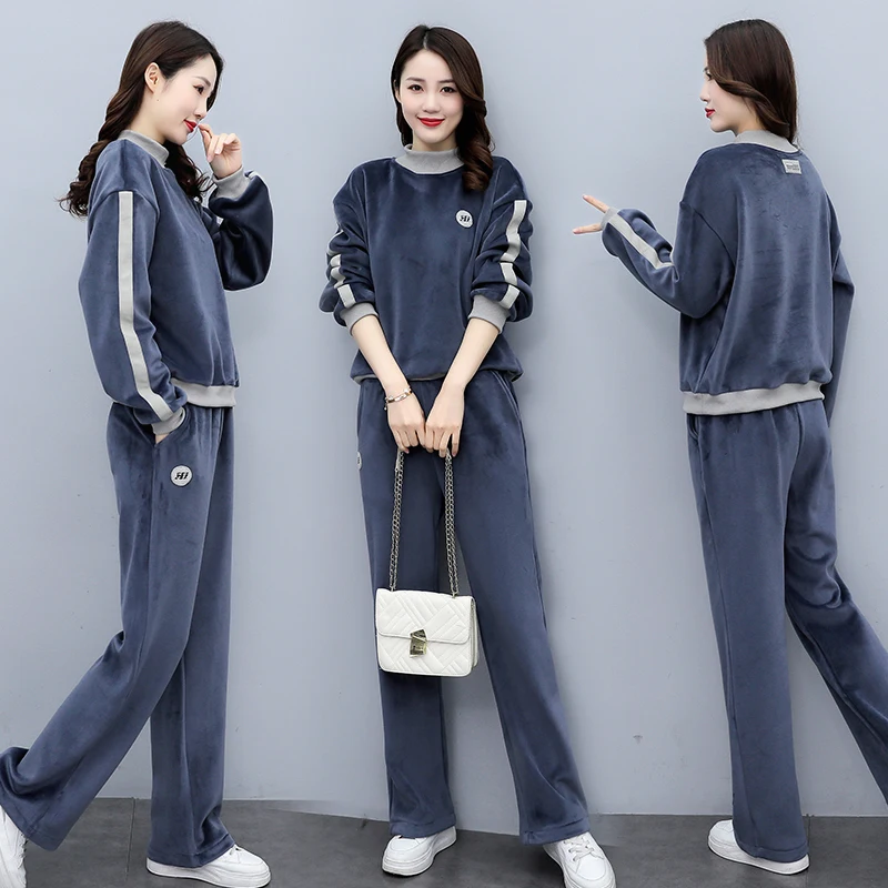 Winter Warm Women Sportswear Tracksuit Thickness Velvet Loose Coat+pant ...