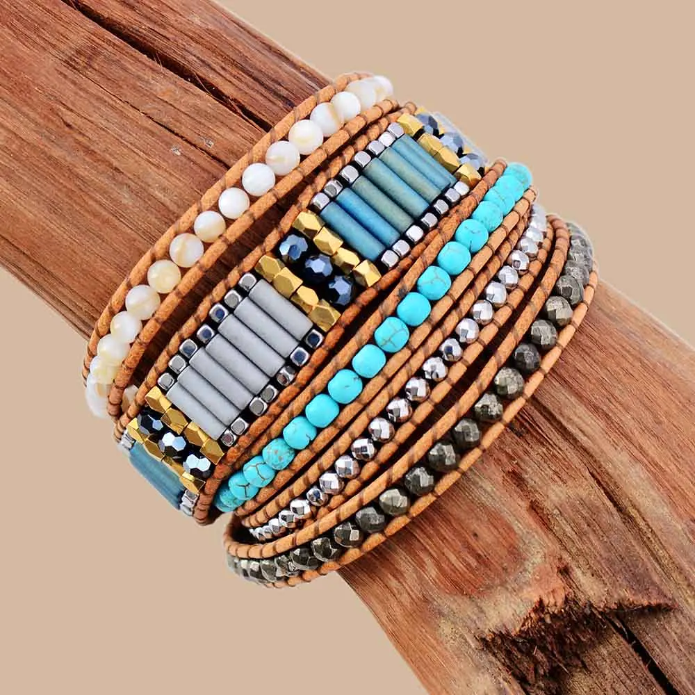 High End Leather Wrap Bracelets W/ Natural Stone Beads 5 Layered ...